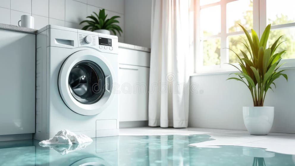 Leaky Washing Machine Flooded the Floor with Water. Broken Washing ...
