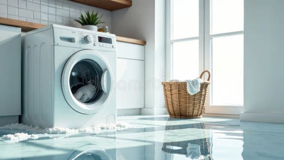 Leaky Washing Machine Flooded the Floor with Water. Broken Washing ...