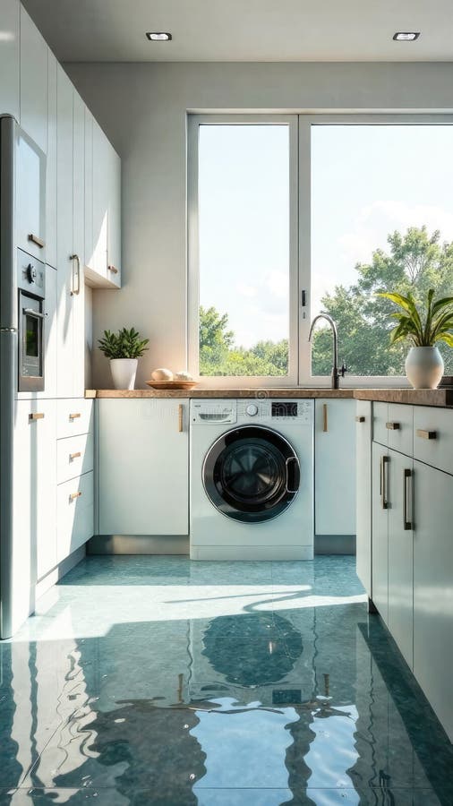 Leaky Washing Machine Flooded the Floor with Water. Broken Washing ...