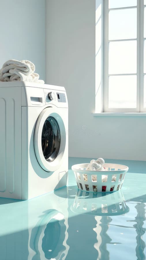 Leaky Washing Machine Flooded the Floor with Water. Broken Washing ...