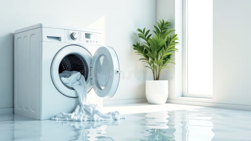 Leaky Washing Machine Flooded the Floor with Water. Broken Washing ...