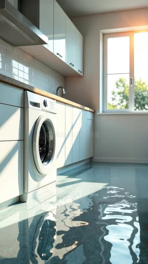 Leaky Washing Machine Flooded the Floor with Water. Broken Washing ...