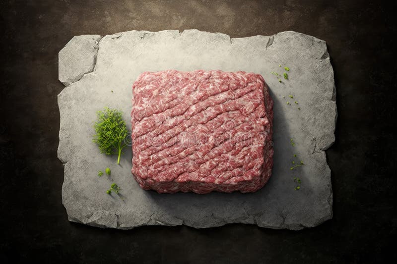 Lean Ground Beef, Raw, on a Slab of Stone. Horizontal Top Down Lay ...