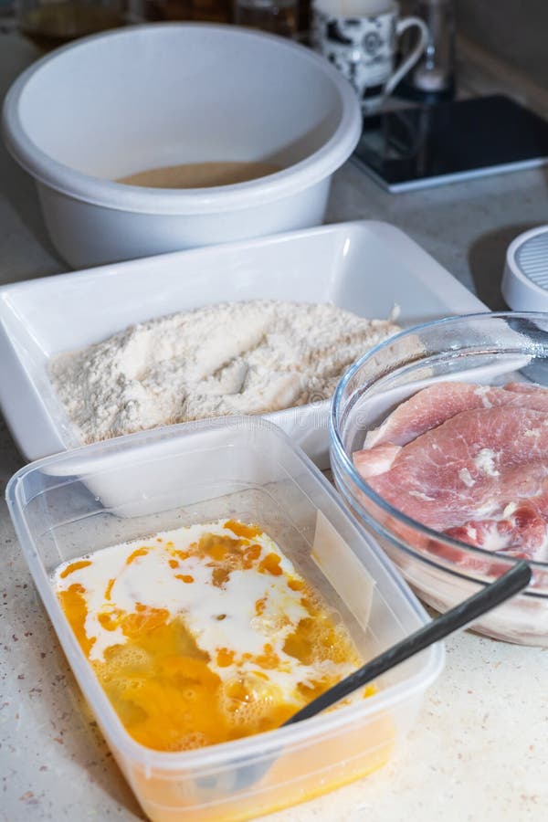 Lean Pork - Leg and Flour, Egg, Breadcrumbs for Coating the Steak Stock ...