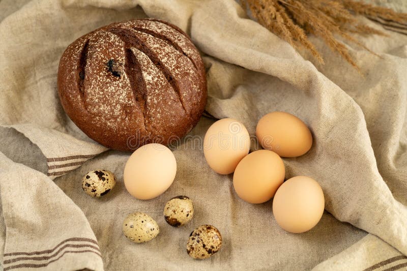 Lean Rye Bread Round, Chicken and Quail Eggs Natural Fresh on Linen Tea ...
