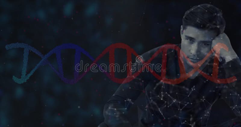 Leaning Pacific Islander Man on Hand at Virtual Lab, DNA Helix and ...