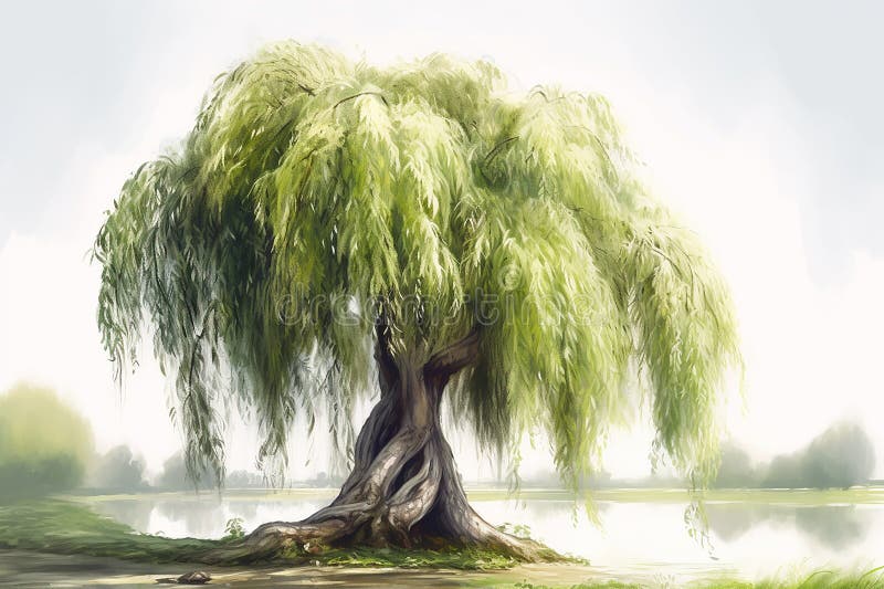 Leaning Willow Tree, Watercolor Painting Style Stock Illustration ...