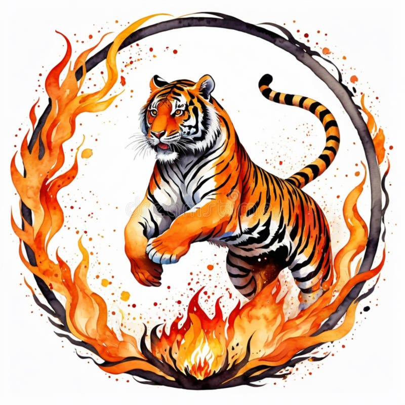 Leap of Courage: Tiger Jumping through the Ring of Fire Stock Photo ...