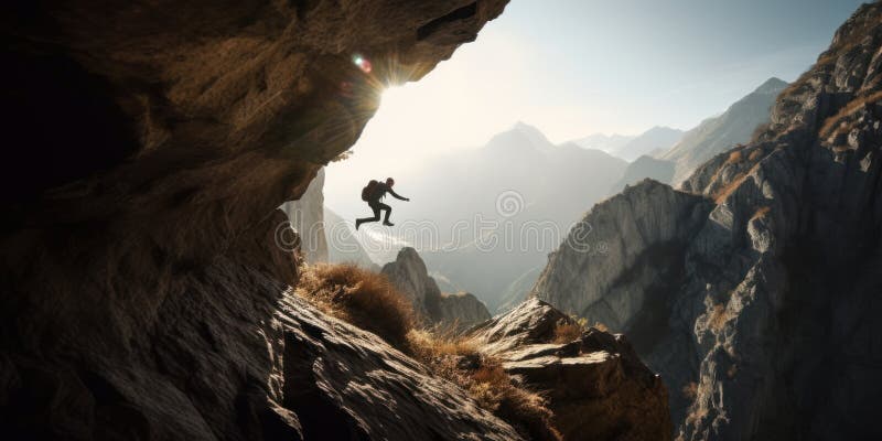 Leap of Faith Climber Jumping between Mountain Cliffs. Adventure and ...
