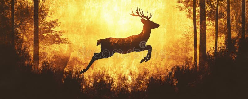 A Leaping Deer, Its Silhouette Filled with a Sun-drenched Forest Scene ...