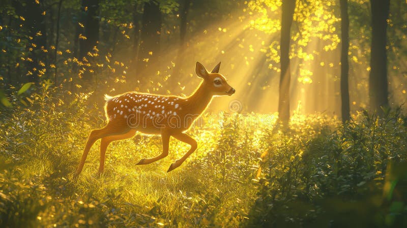 Leaping Doe in a Sunlit Forest Scene Stock Illustration - Illustration ...