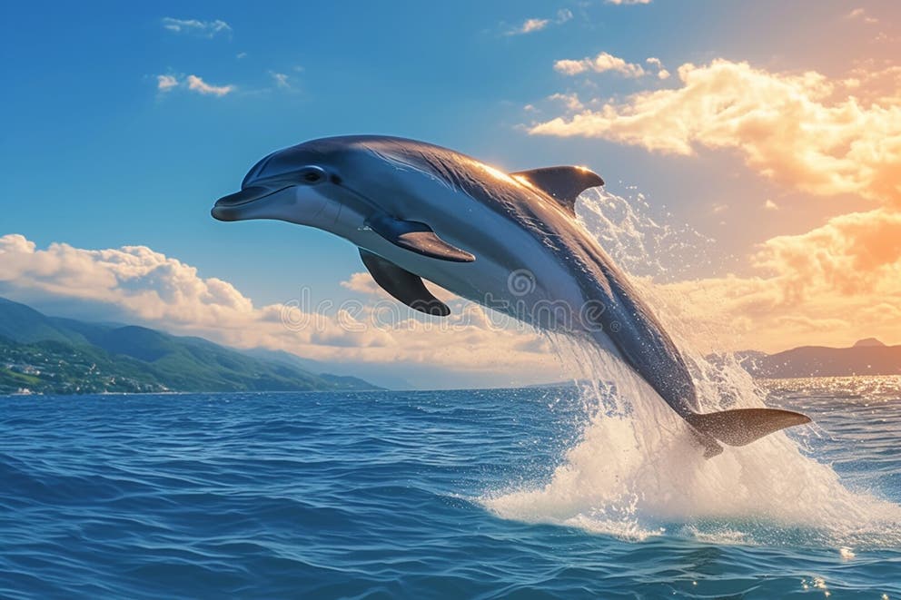 Leaping Dolphin with Copy Space for Text, Ocean Backdrop Stock ...