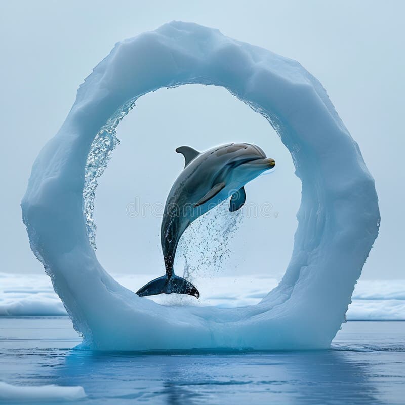 Leaping Dolphin through Floating Ice Stock Illustration - Illustration ...