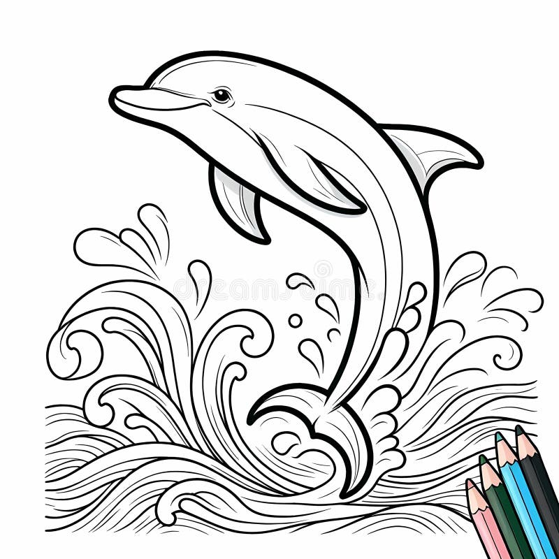 Leaping Dolphin Surrounded by Swirling Waves. Stock Illustration ...