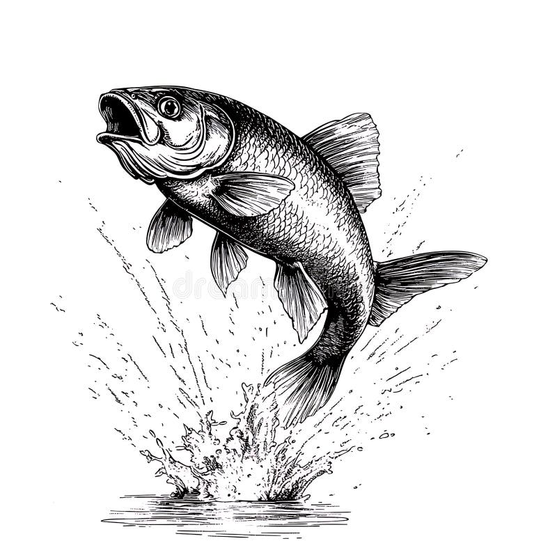 Leaping Fish in Monochrome Illustration Ink Sketch Stock Illustration ...