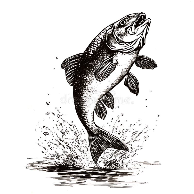 Leaping Fish in Monochrome Ink Drawing Style Ink Sketch Stock ...