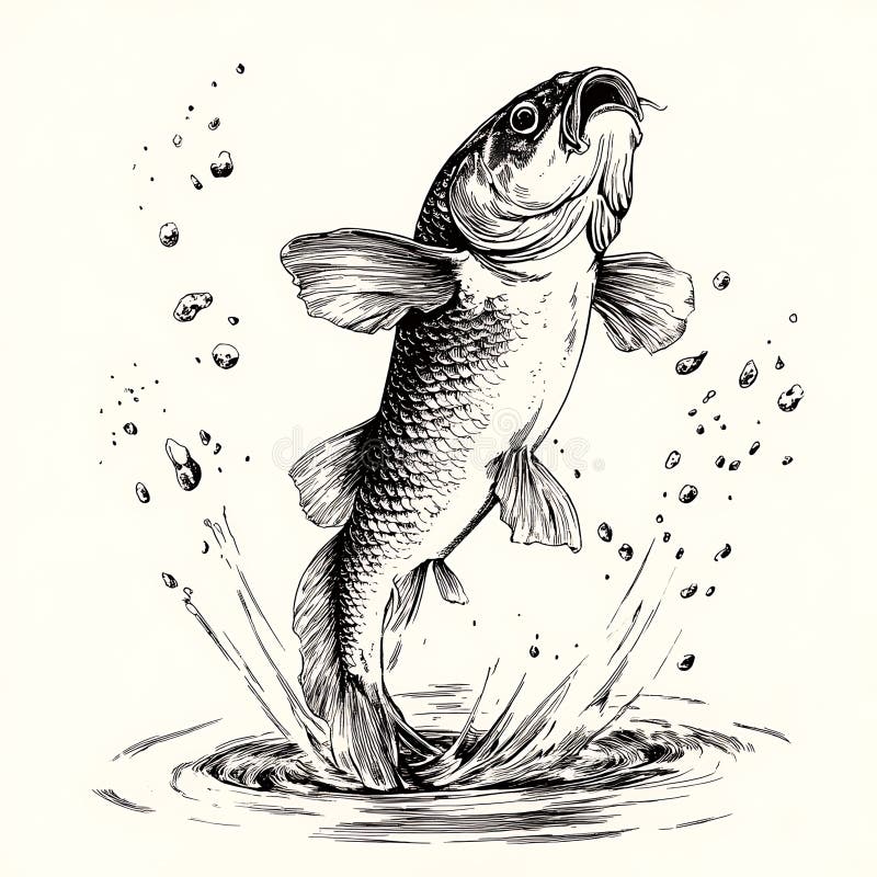 Leaping Fish, Monochrome Sketch, Water Splash Stock Illustration ...