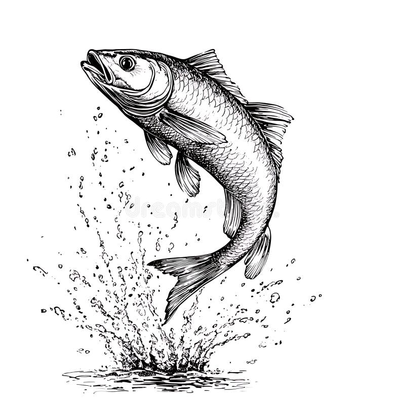 Leaping Fish Sketch, Monochrome, Water Splash Stock Illustration ...