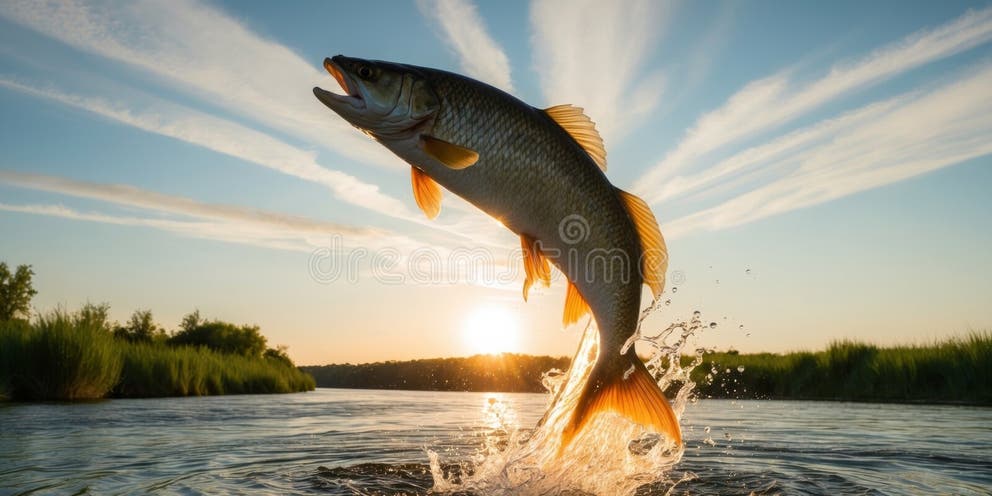 Leaping Fish in Sparkling River at Sunset. Stock Photo - Image of ...
