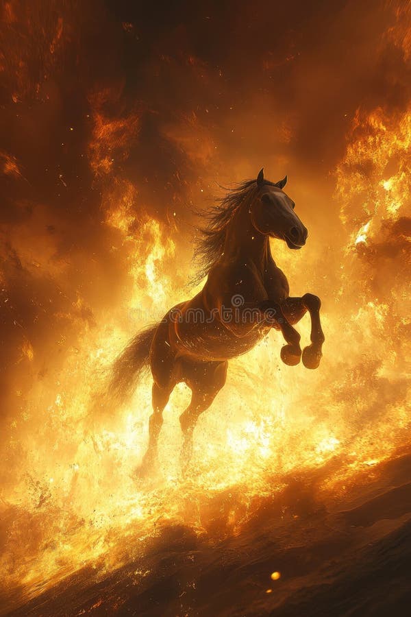 Leaping Horse, a Strong Horse Leaps Dramatically through a Vivid Fire ...