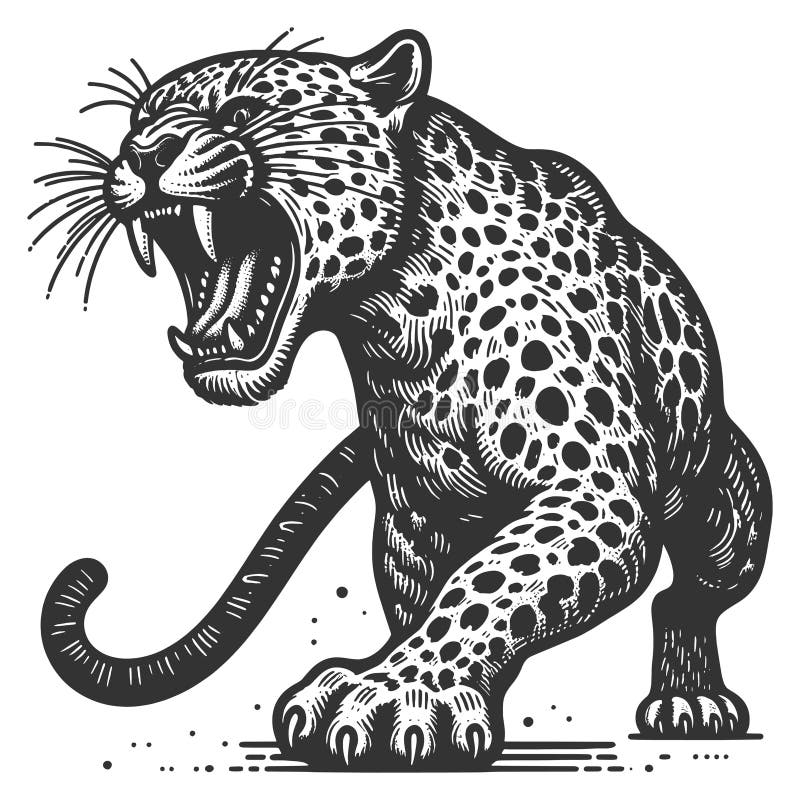 Leaping Roaring Leopard Tattoo Engraving Vector Stock Vector ...