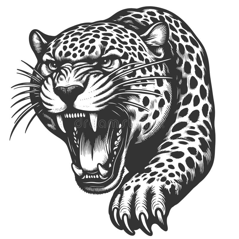 Leaping Roaring Leopard Tattoo Engraving Raster Stock Illustration ...