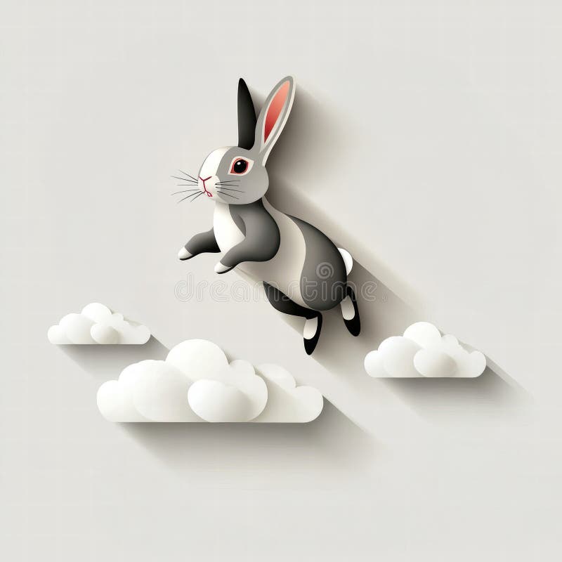 Leaping Rabbit in Playful Design Above Fluffy Clouds, Showcasing ...