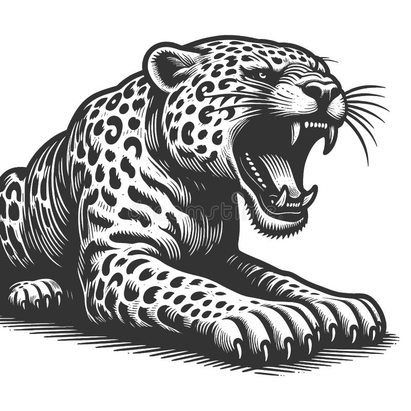 Leaping Roaring Leopard Tattoo Engraving Raster Stock Illustration ...