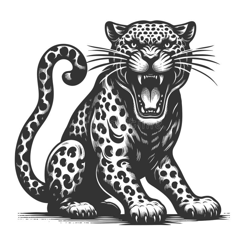 Leaping Roaring Leopard Tattoo Engraving Raster Stock Illustration ...