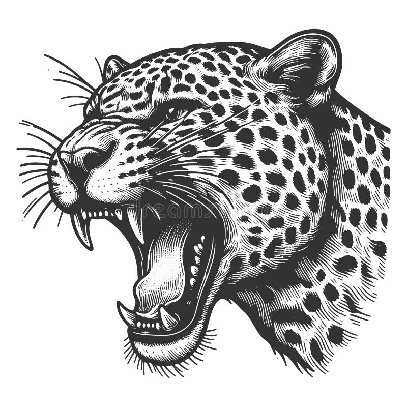 Leaping Roaring Leopard Tattoo Engraving Vector Stock Illustration ...