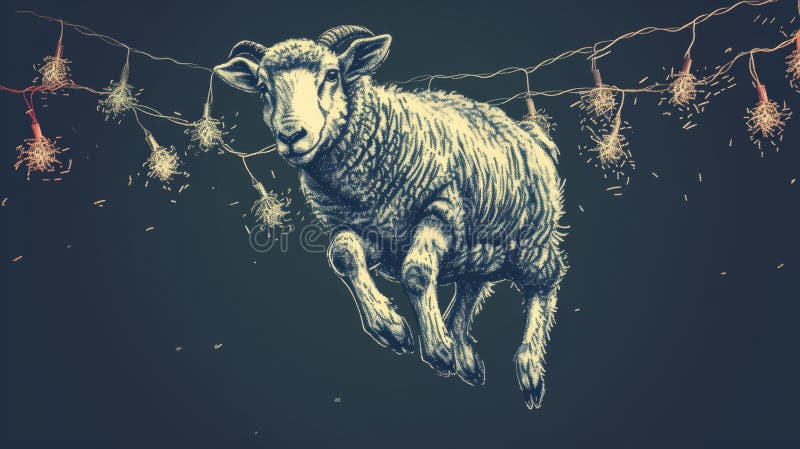 Leaping Sheep with Festive String Lights on Dark Background Stock Image ...