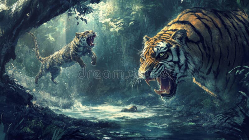 Leaping Tiger Attacking in Lush Green Jungle Stock Illustration ...