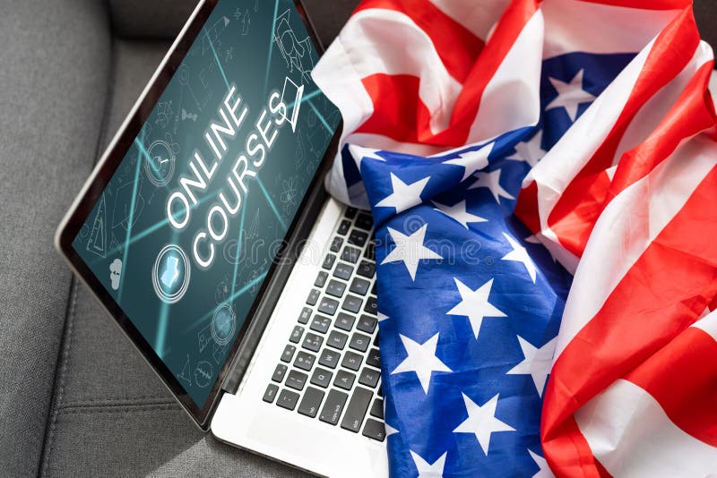 Learn English Concept. American Flags, Computer Keyboard Stock Photo ...