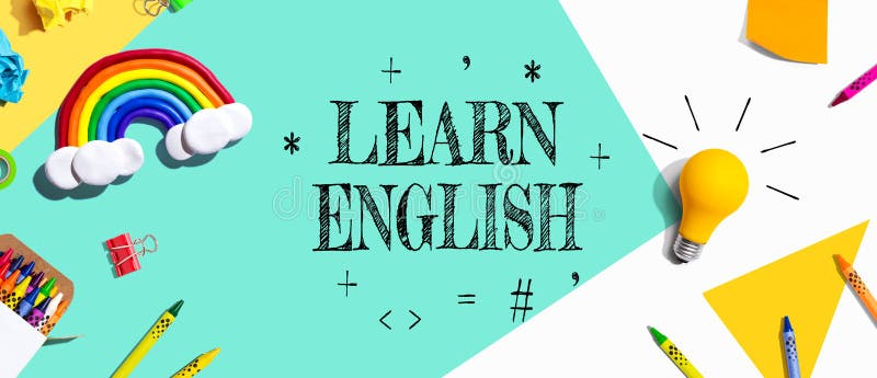 Learn English Theme with School Supplies - Flat Lay Stock Image - Image ...