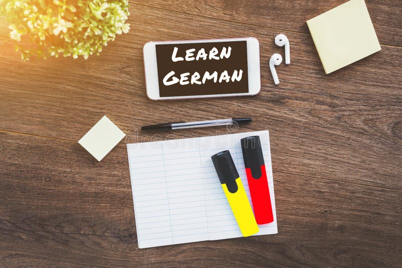 Learn German Inscription, Smartphone, Wireless Headphones, Notepad ...