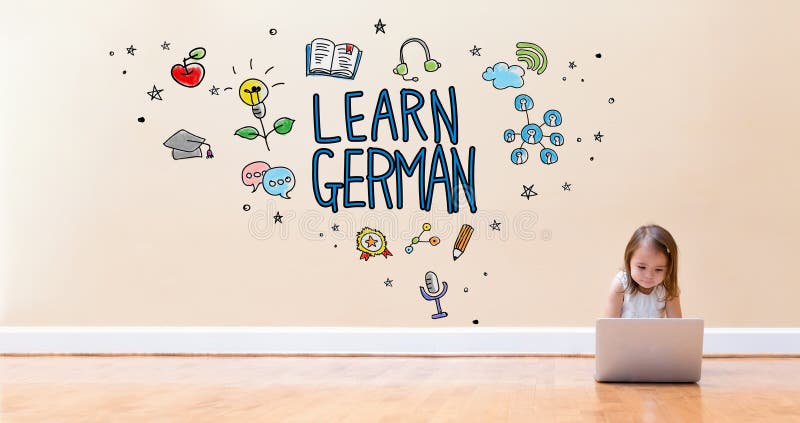 Learn German Text with Little Girl Using a Laptop Computer Stock Image ...