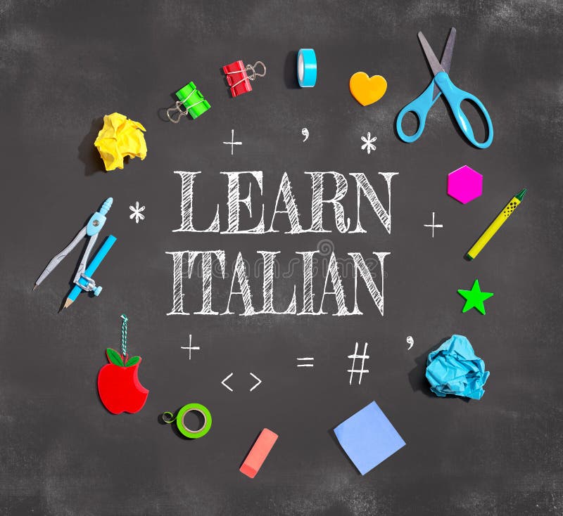 Learn Italian Theme with School Supplies on a Chalkboard Stock Photo ...
