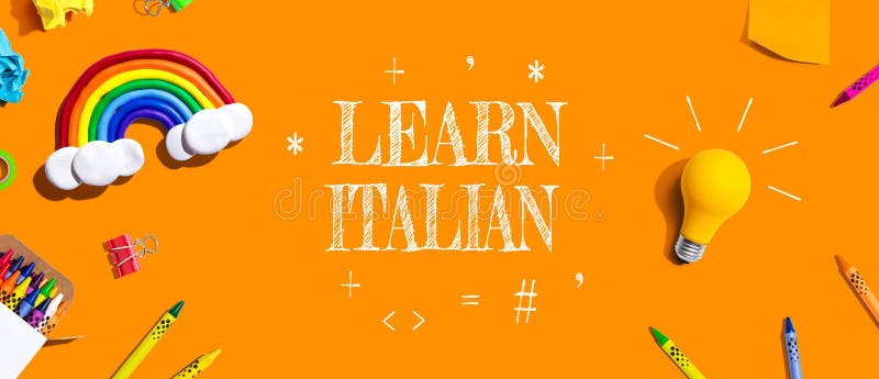 Learn Italian Theme with School Supplies - Flat Lay Stock Image - Image ...