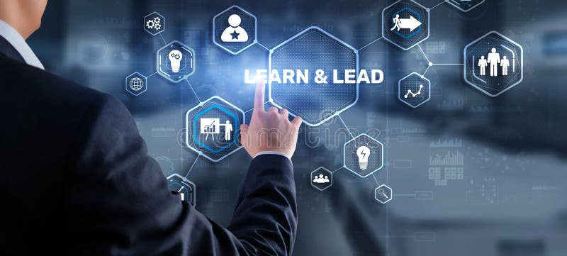 Learn and Lead. Businessman Presses Hand on the Virtual Screen ...
