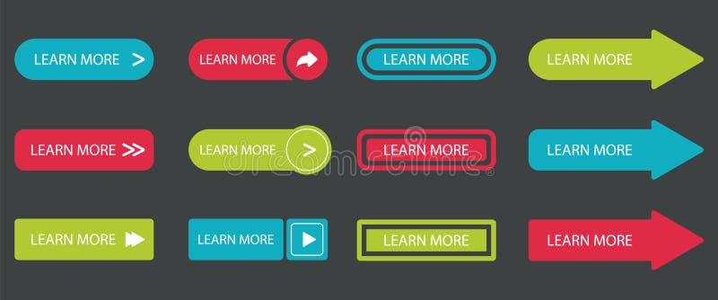 Learn More Colorful Buttons Set for Website Design. Arrow Button in ...