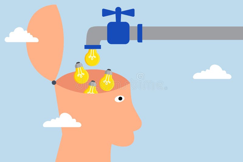 Learn New Skills, Bright Lightbulb Ideas Flow from Pipe into Human Head ...