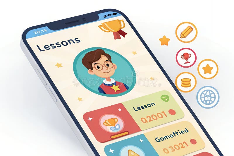 Learning App on Smartphone with Cartoon Boy Profile and Lesson ...