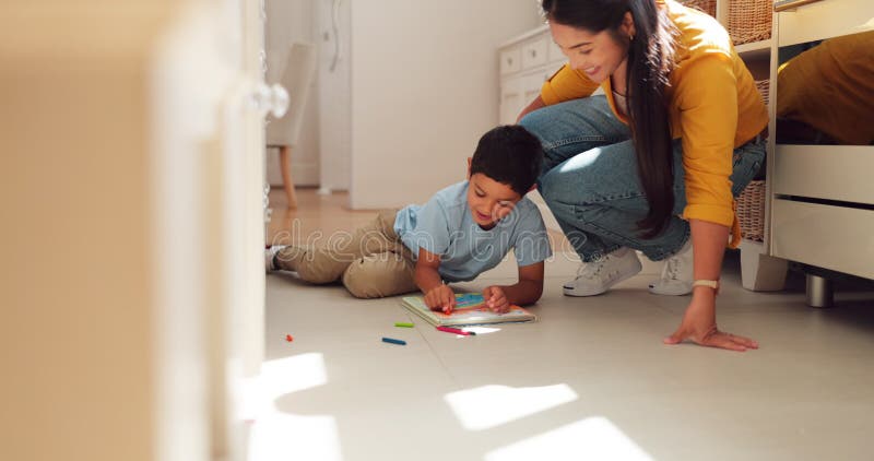 Learning, Art and Mother with Child on Floor for Teaching, Study or ...