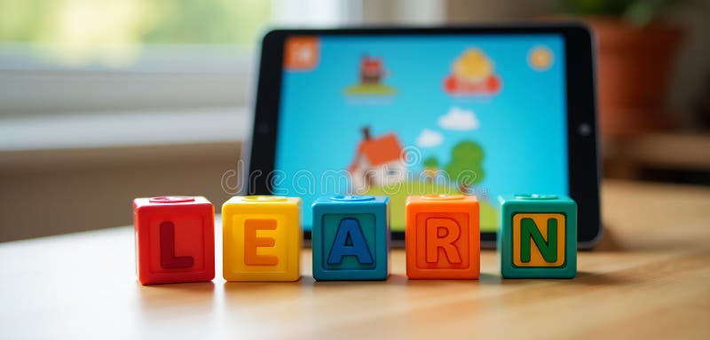 Learning Blocks and Tablet in Colorful Educational Setup Stock ...