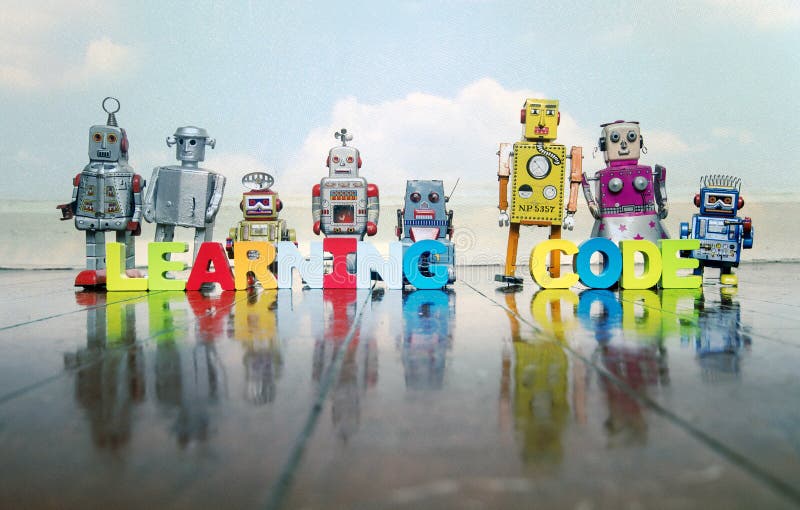 LEARNING CODE Wooden Letters and Retro Robot Toys Editorial Stock Image ...