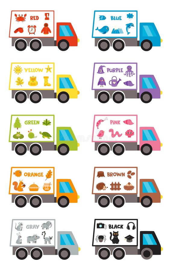 Learning Colors Flashcard for Kids. Set of Coloured Trucks with ...