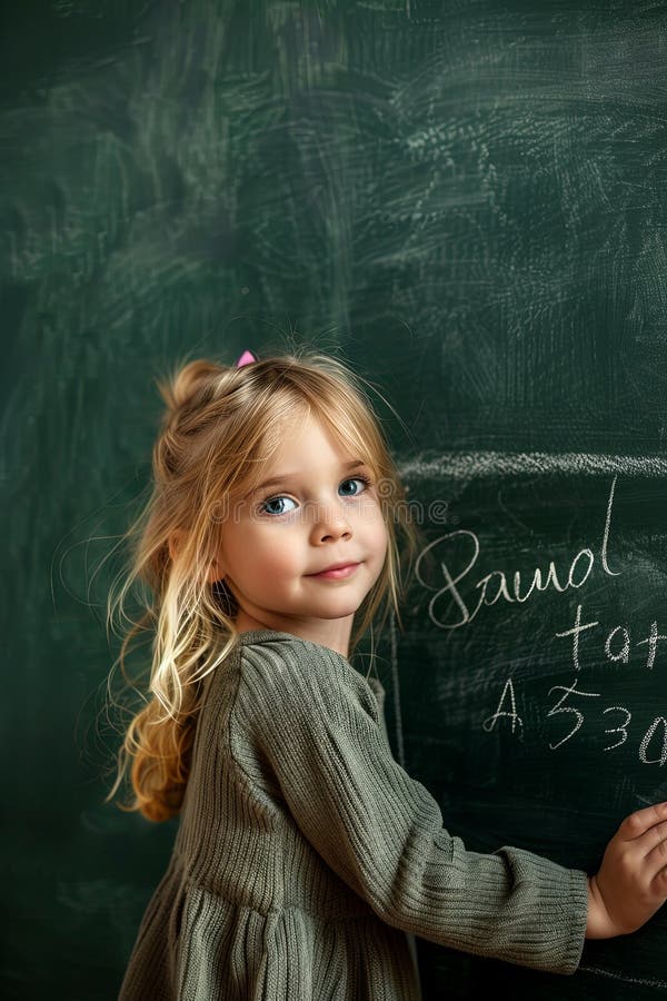 Learning Concept with Blonde Student Writing on Chalkboard in Classroom ...