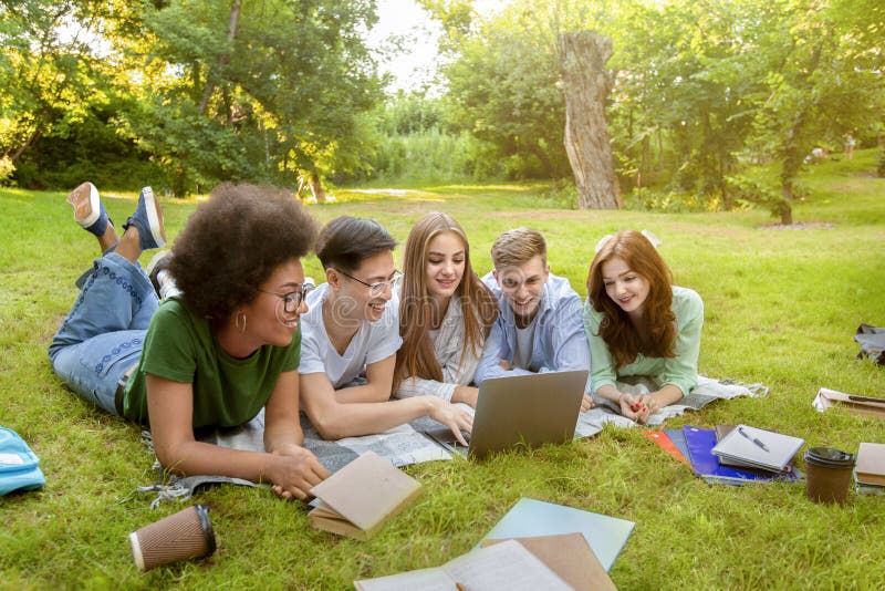 Learning Concept. Group of Students Preparing for Exam in Park with ...