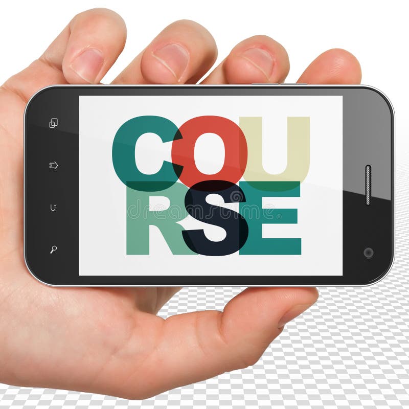 Learning Concept: Hand Holding Smartphone with Course on Display Stock ...