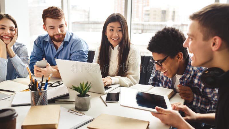 Learning Concept. International Students Doing Group Study in Library ...